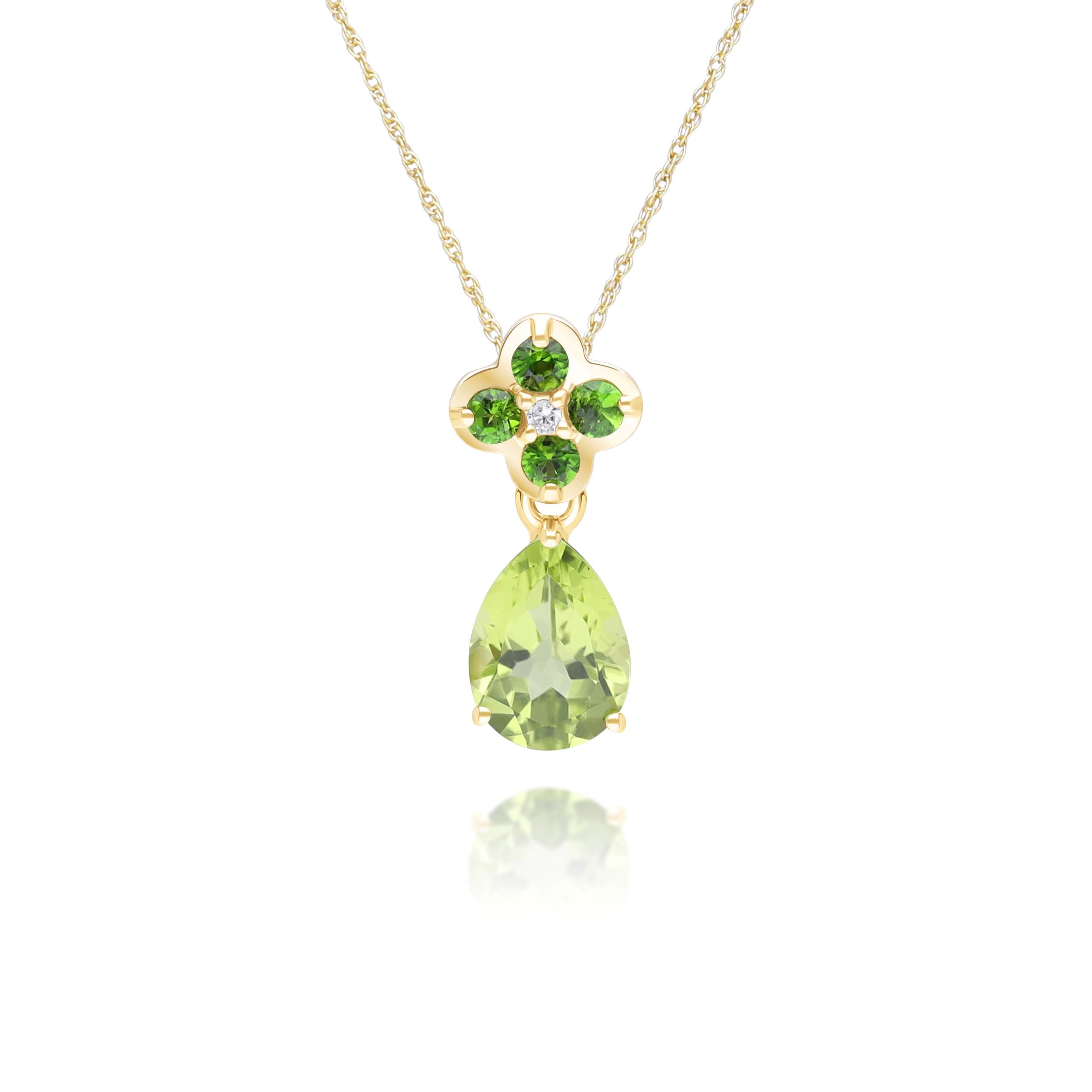 9K Yellow Gold Pear-Shaped Peridot & Diamond Floral Pendant (Chain Sol – GemondoTh