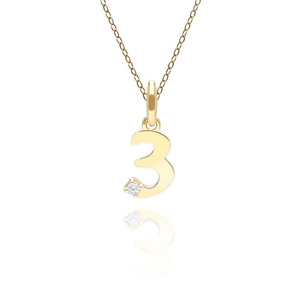 9K Yellow Gold Lucky Number 3 Charm Pendant with Diamond (Chain Sold S ...