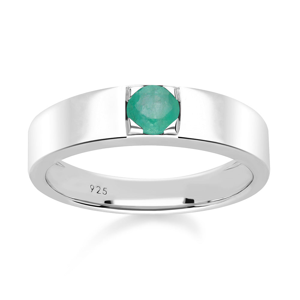 925 Rhodium Plated Sterling Silver 4.5 mm Emerald Single-Stone Ring ...