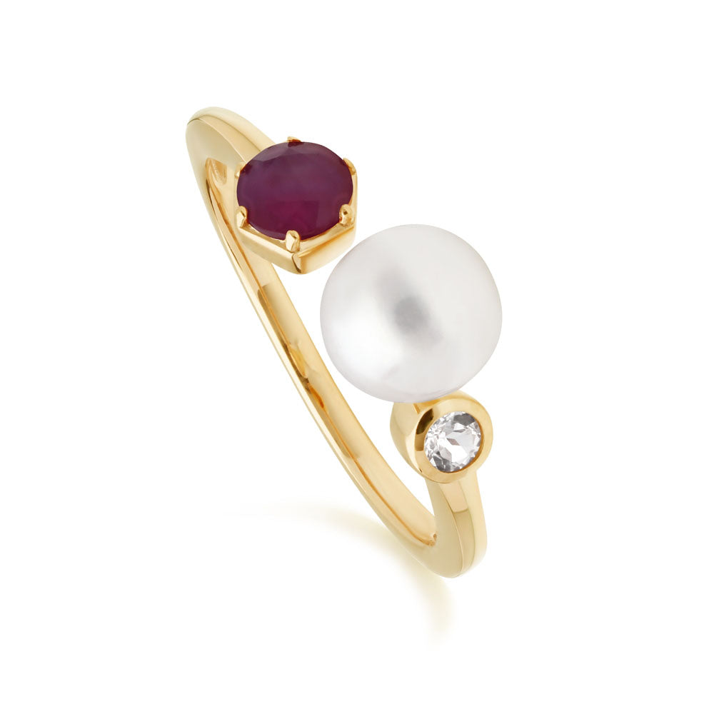 Modern Pearl, Ruby & Colorless Topaz Open Ring In Gold Plated Sterling ...